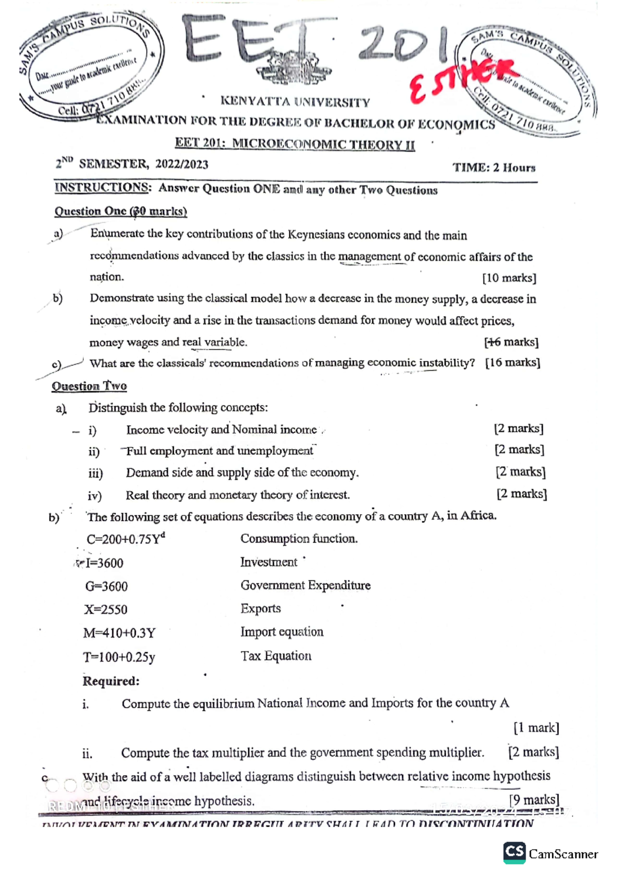 EET 201 past papers courtesy of Esther Kasee - Macroeconomic theory II ...