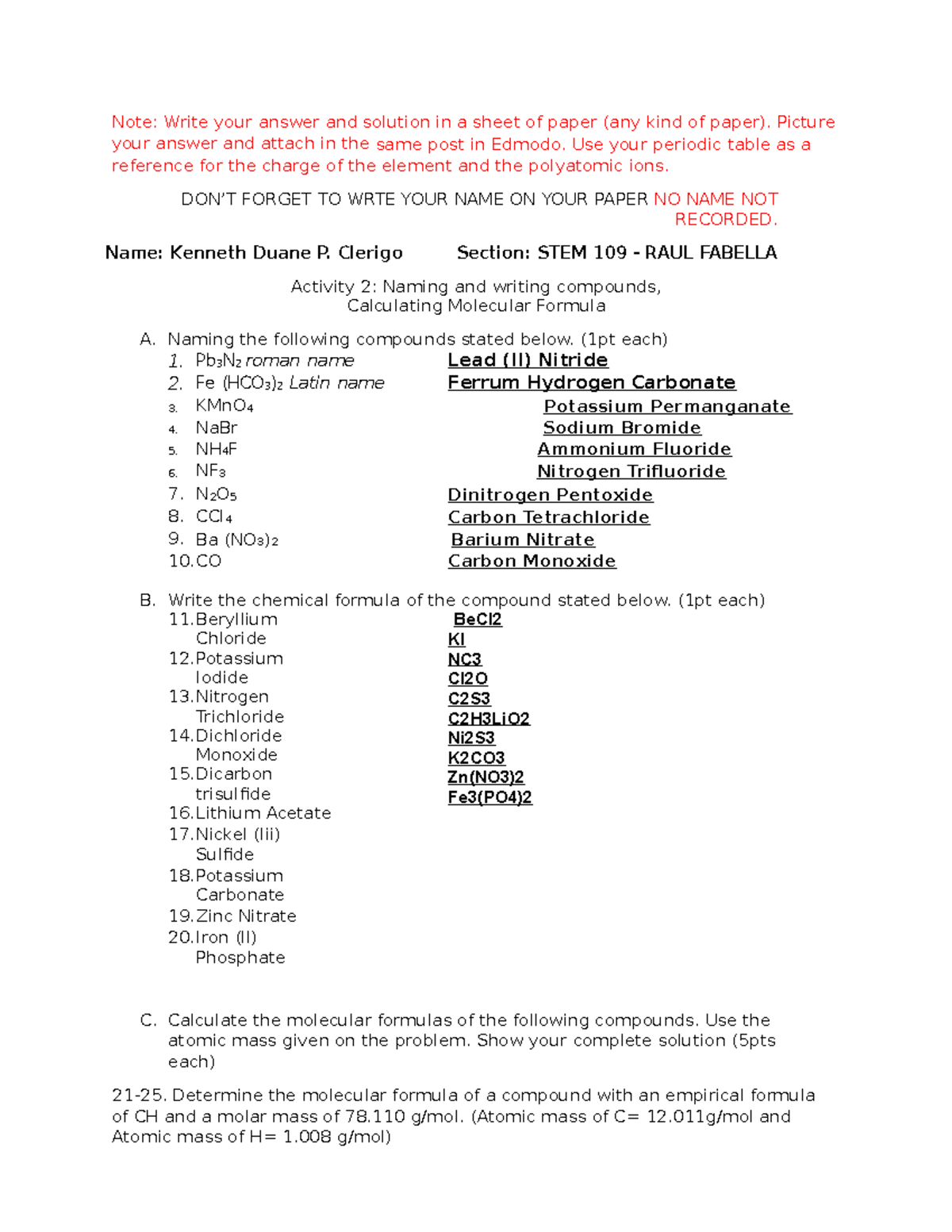 Activity 2- Naming and writing compounds, Calculating Molecular Formula ...