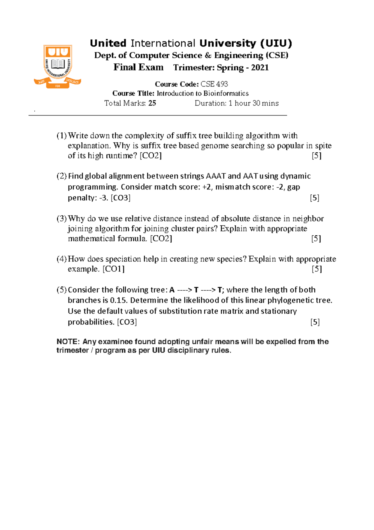 Bio Spring 2021 - BIO INFORMATICS ASSIGNMENT - . (1) Write down the ...