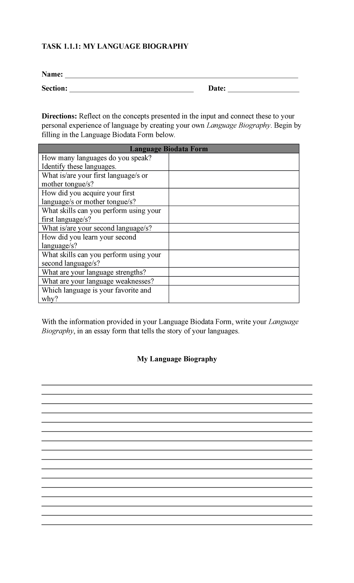 Pur Com - Lesson 1 (Tasks) - TASK 1.1: MY LANGUAGE BIOGRAPHY Name ...