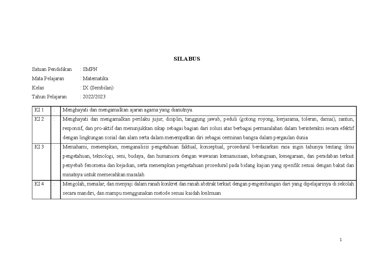 Materi microteaching 1 - Copy - SILABUS Satuan Pendidikan : SMPN Mata Pelajaran : Matematika ...
