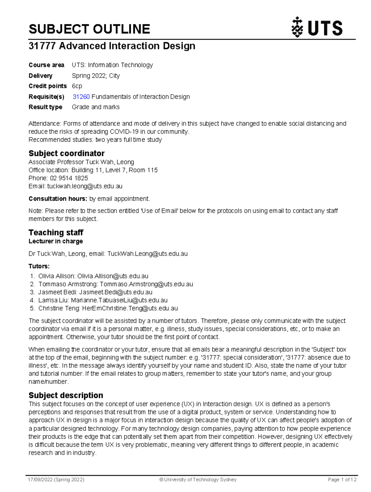 31777 Advanced Interaction Design 2022 Subject Outline - SUBJECT OUTLINE 31777 Advanced ...
