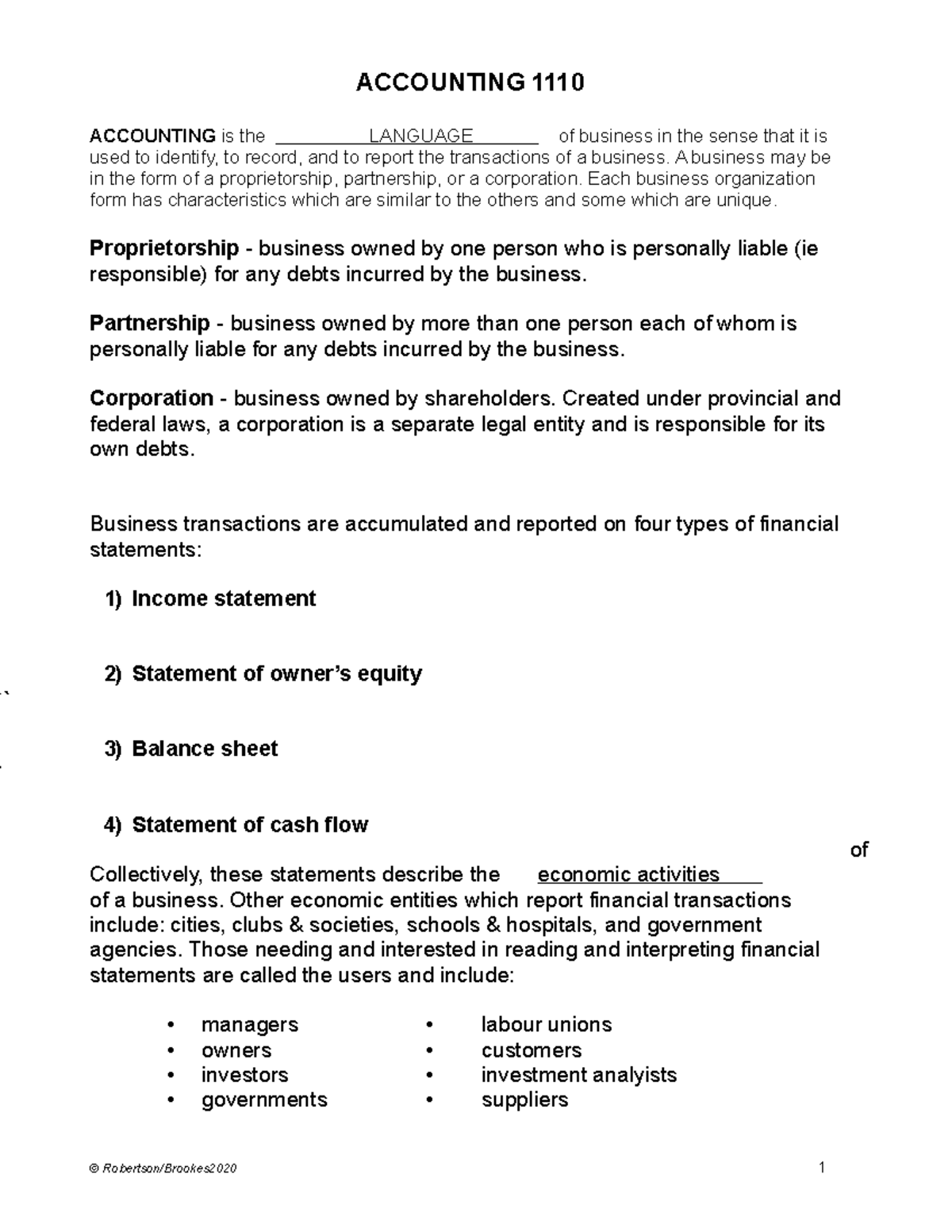 Chapter 1 note - note - ACCOUNTING 1110 ACCOUNTING is the LANGUAGE of ...