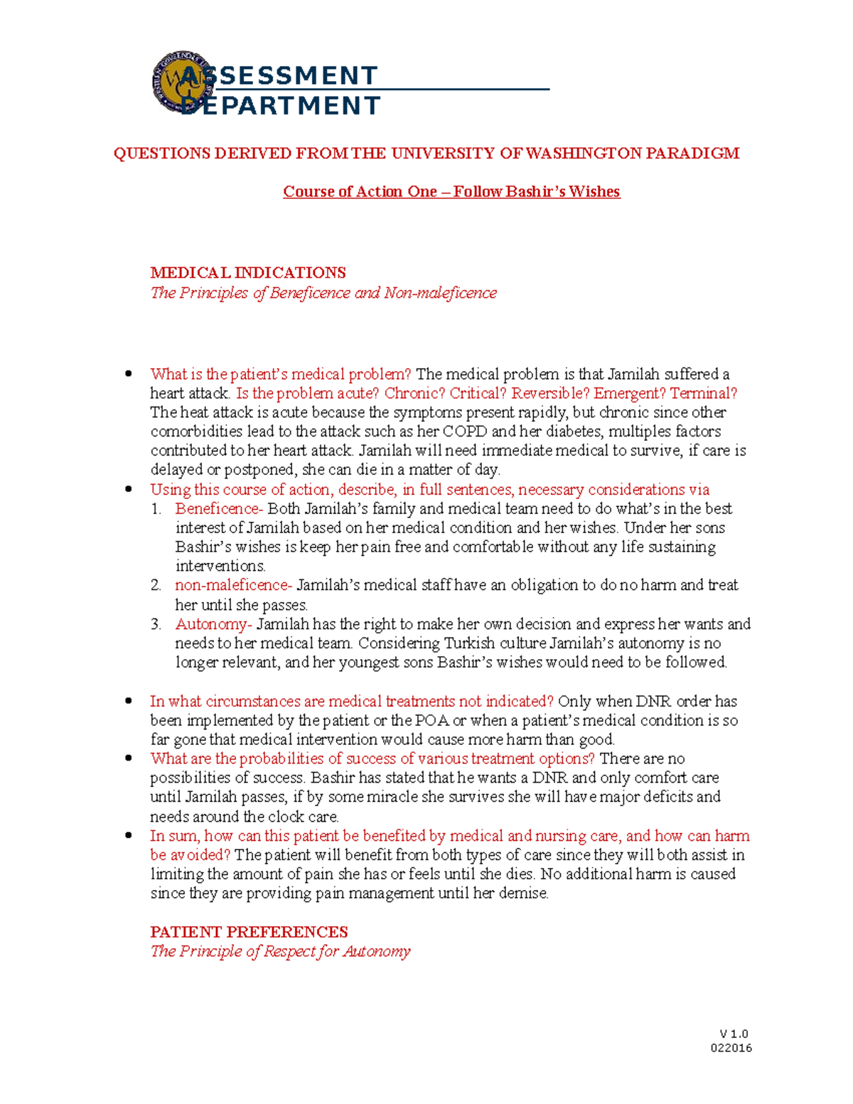 Questions Derived from the University of Washington Paradigm- responses ...