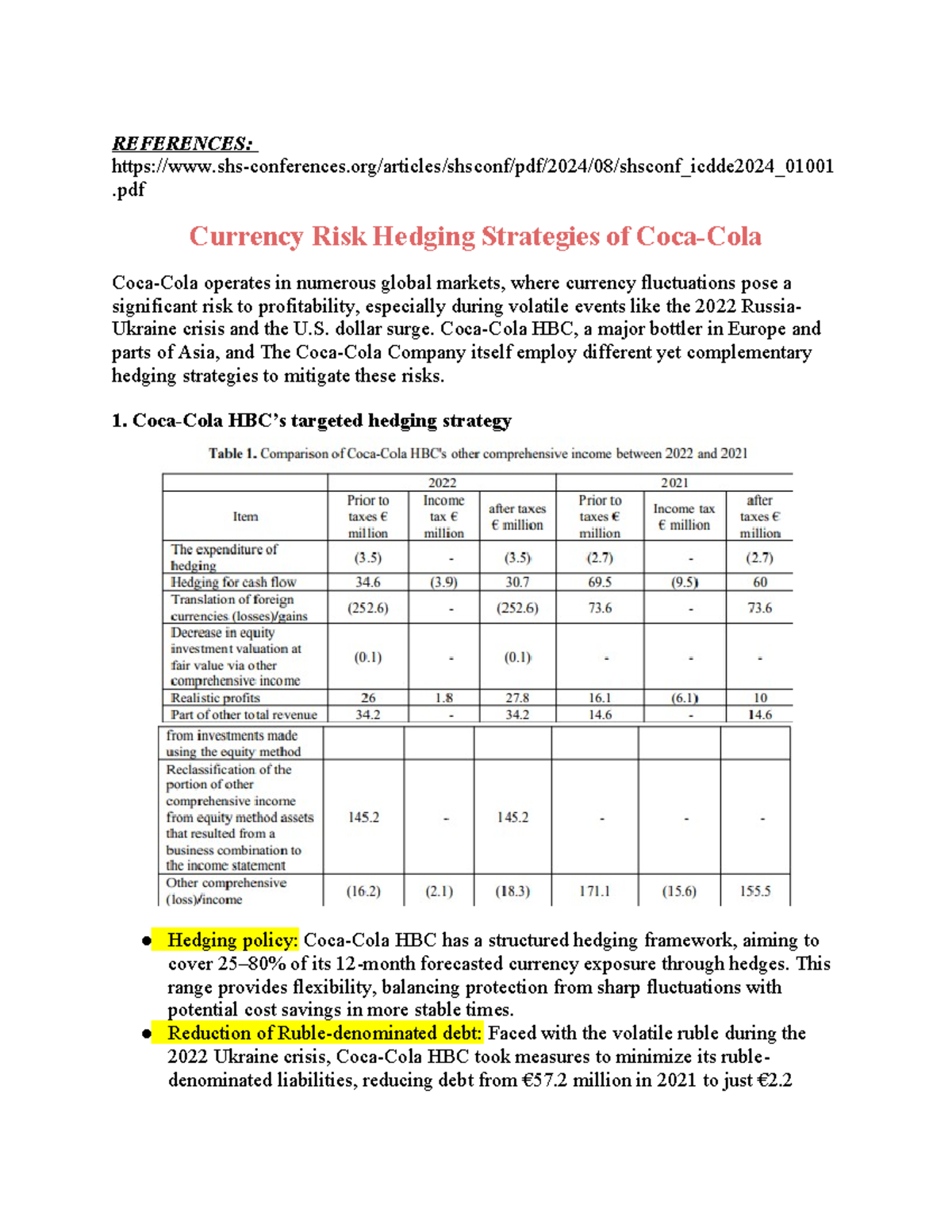 COCA COLA Hedging Strategies - REFERENCES: - Studocu