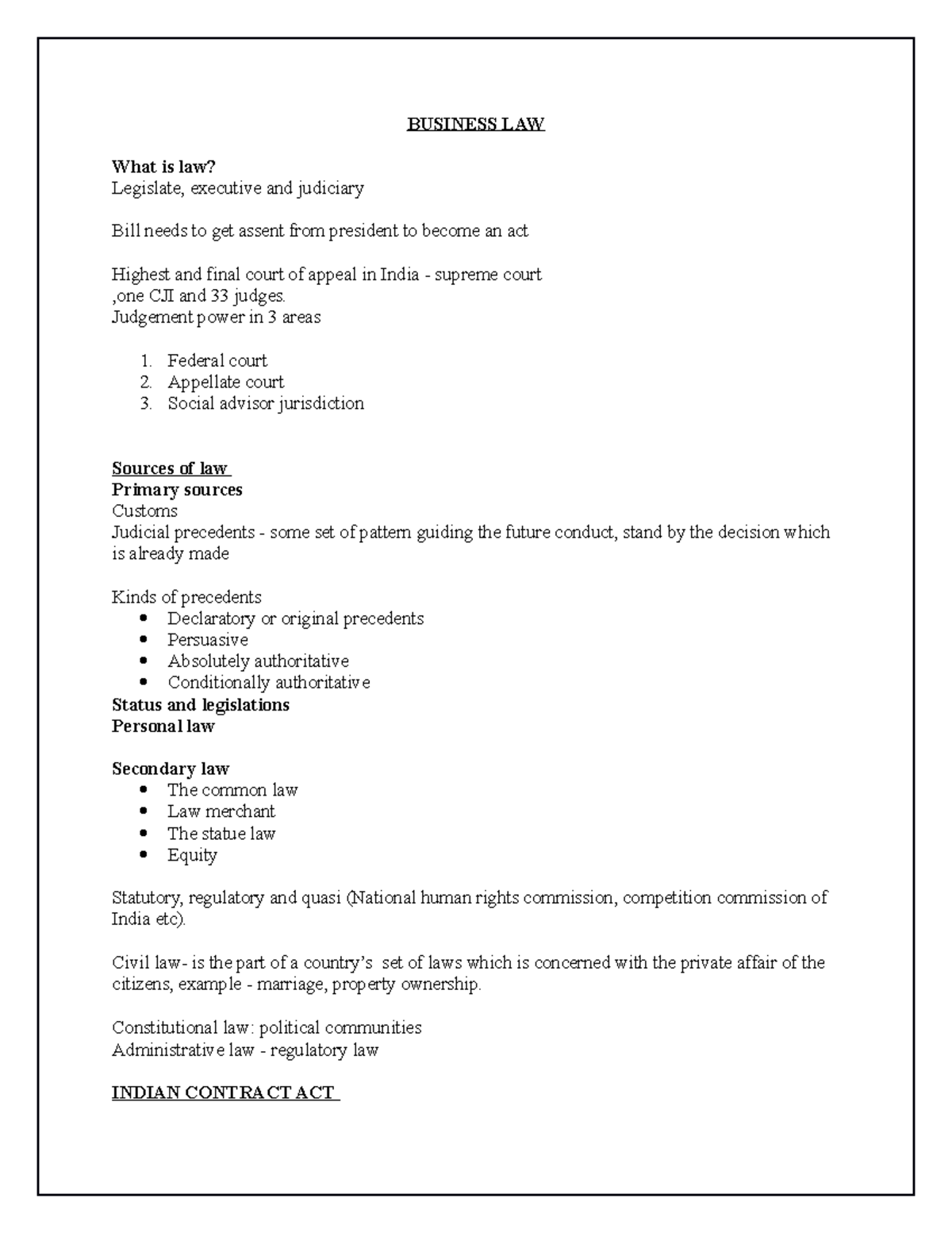 Business LAW KEY Points - BUSINESS LAW What is law? Legislate ...