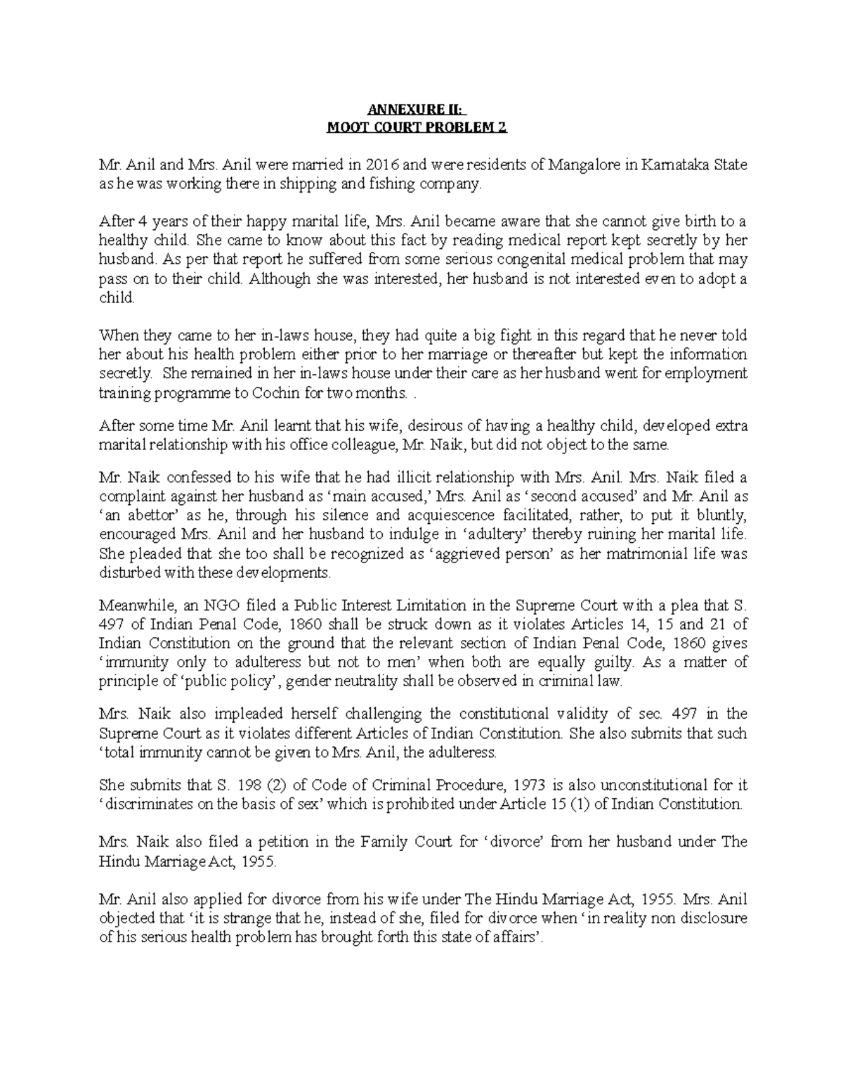 Annexure 2 Moot Court Problem 2 - ANNEXURE II: MOOT COURT PROBLEM 2 Mr ...