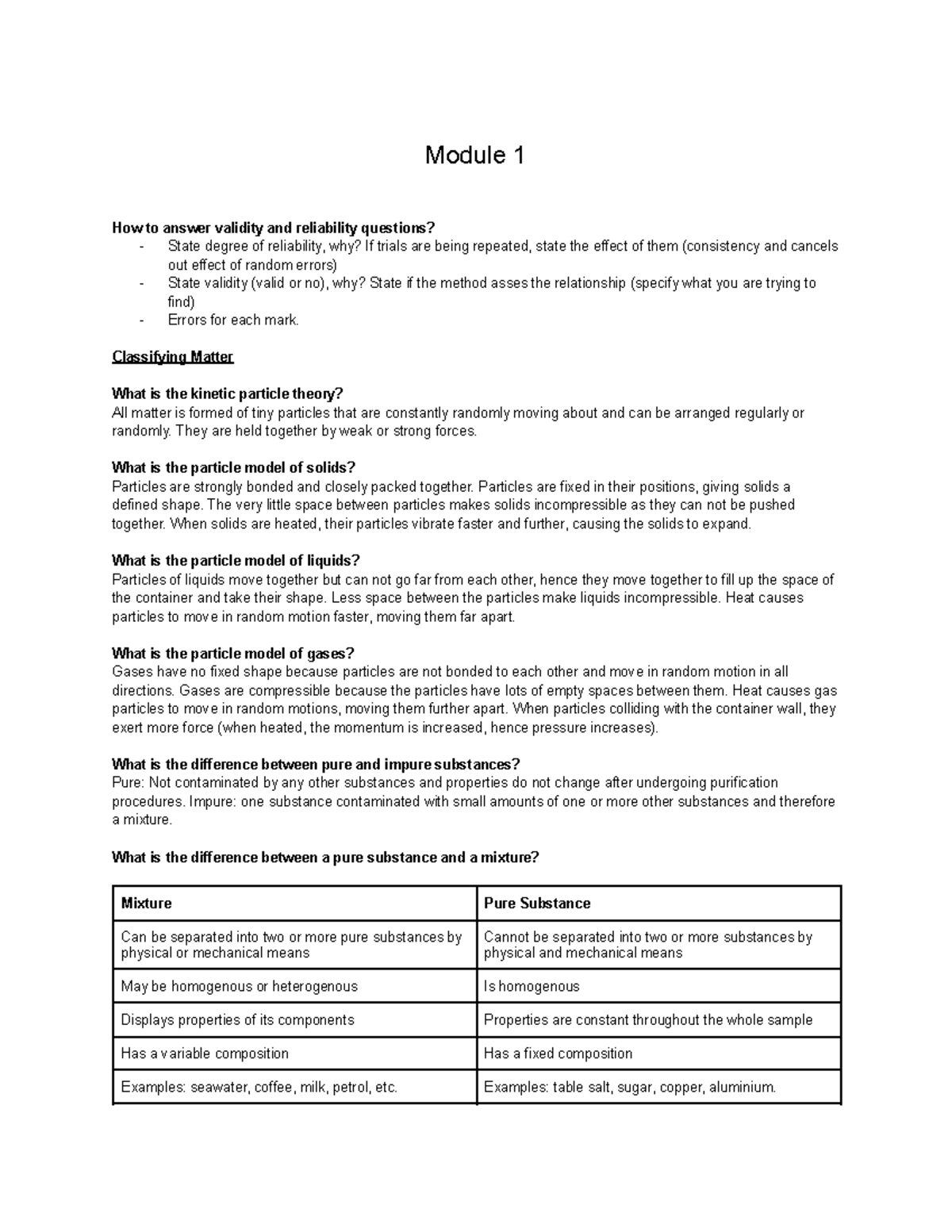 Year 11 Chemistry Module 1-4 Quiz - Module 1 How to answer validity and ...