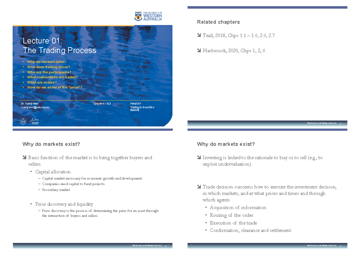 Week one lecture notes - Lecture 01: The Trading Process Why do markets ...