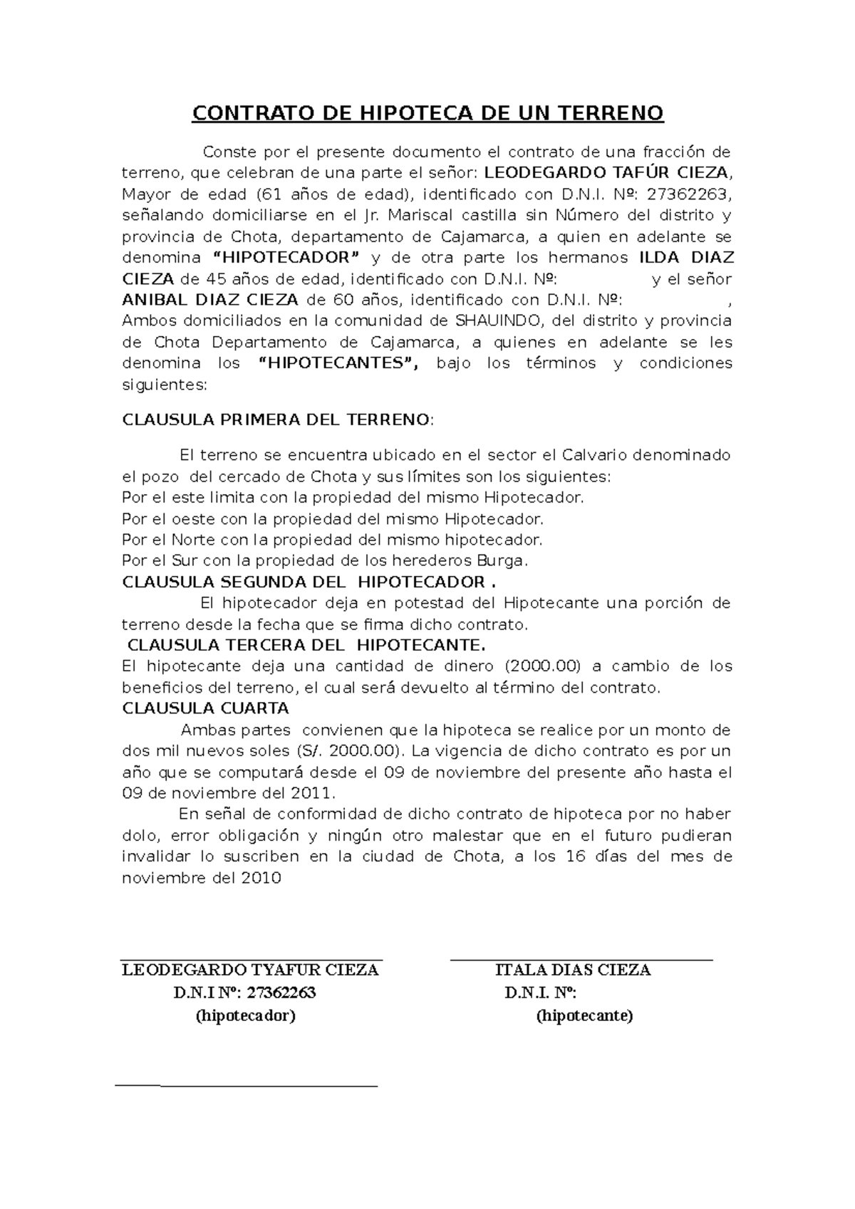 Modelo de contrato de hipoteca de un terreno con deudor y ...