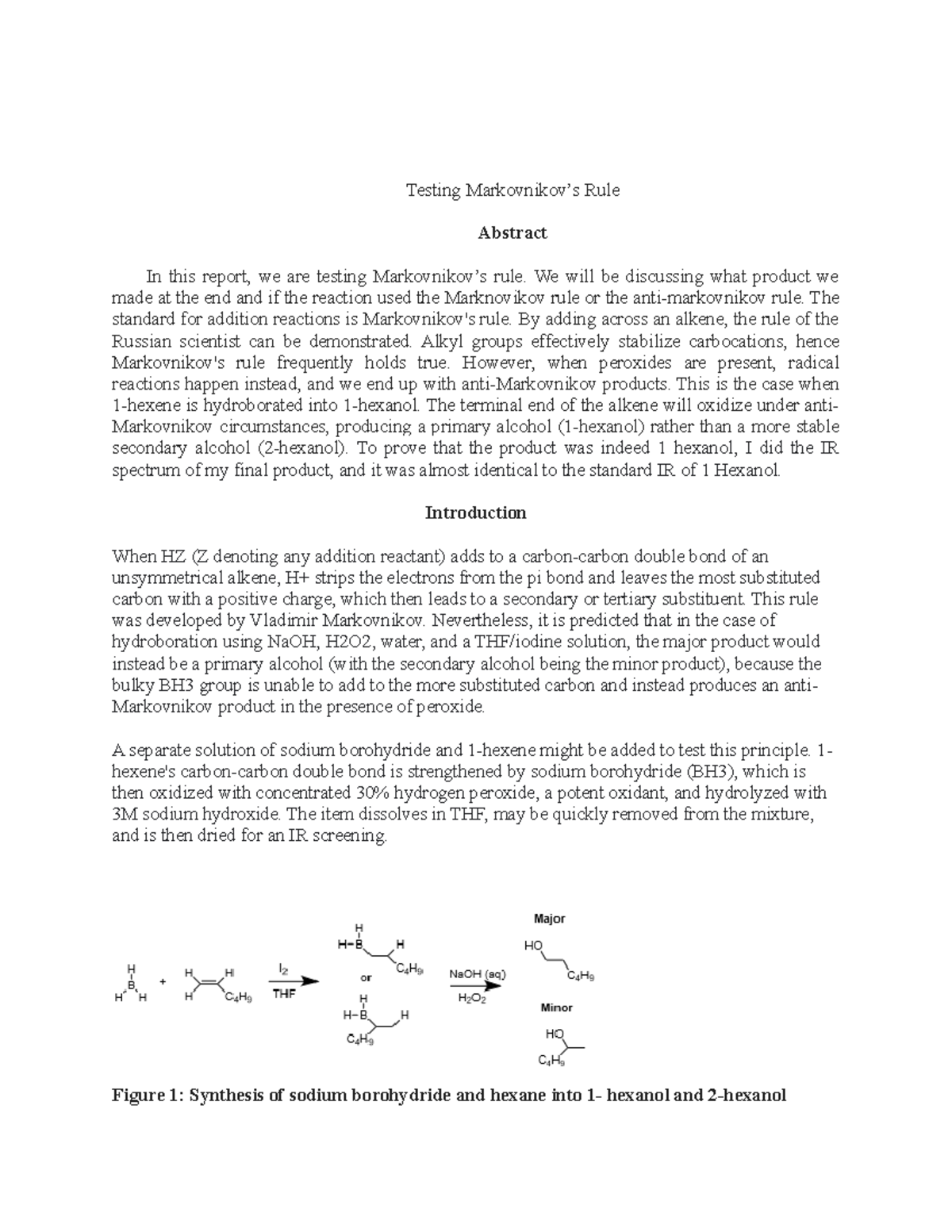 The Testing Markovnikov chem lab report - Testing Markovnikov’s Rule ...