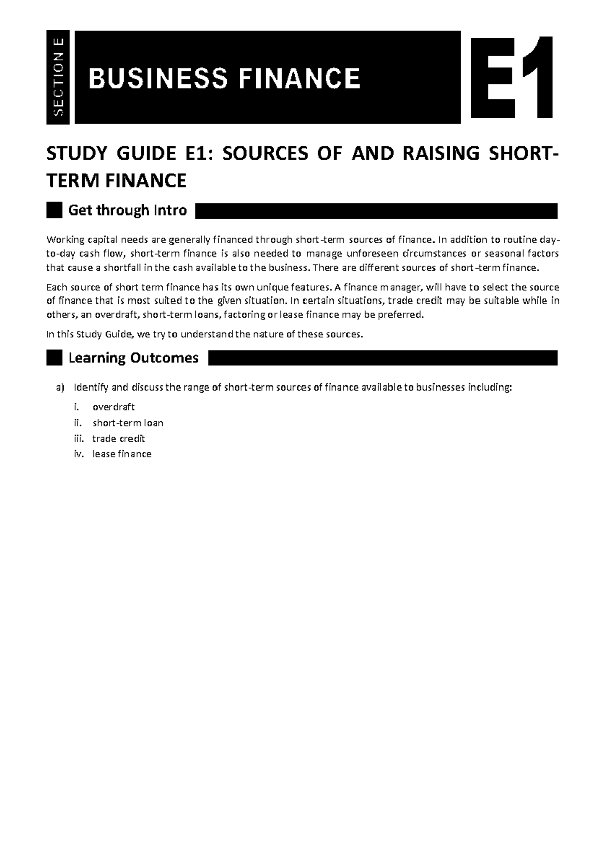 Short Term Financing in Qatar notes - STUDY GUIDE E1: SOURCES OF AND ...