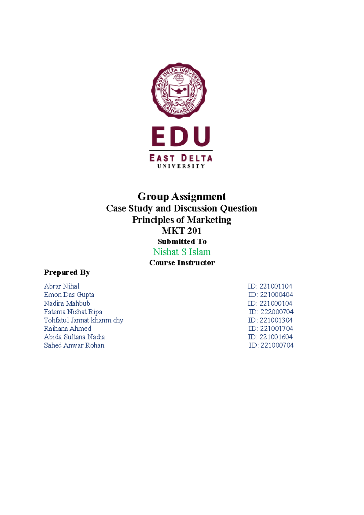 Submission file - Case study and discussion question. - Group ...