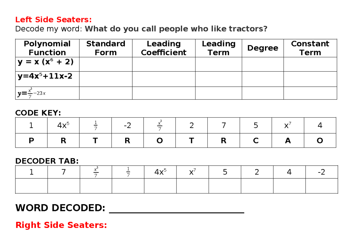 Polynomial - Word Decoder - Left Side Seaters: Decode my word: What do ...