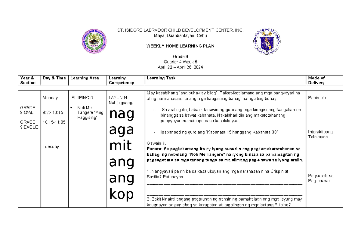 Revised Weekly Home Learning Plan ( FILIPINO 9, Quarter 4 - Week 6 ) S ...