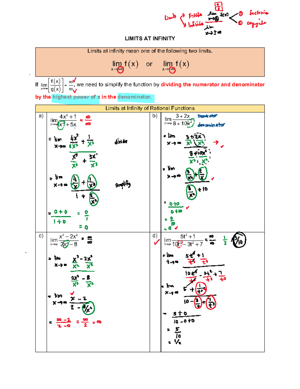 Limits AT Infinity Solution - LIMITS AT INFINITY Limits at infinity ...