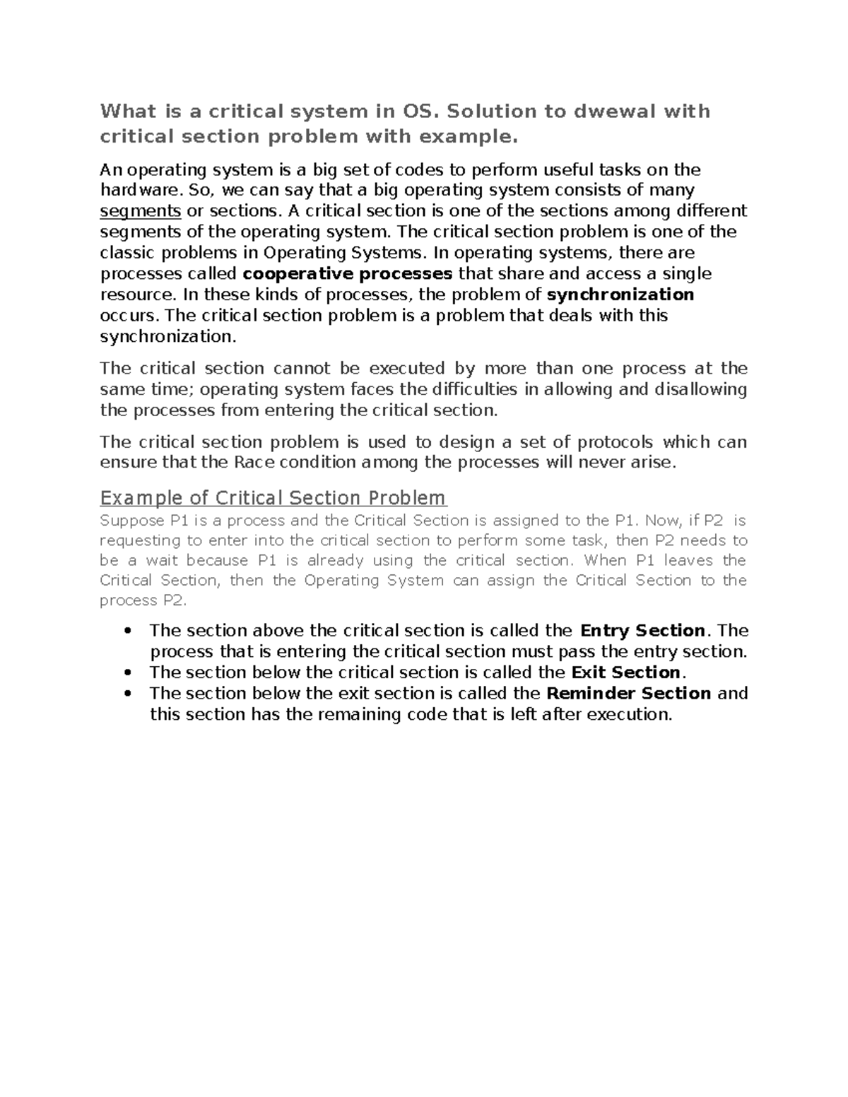 Critical system - Solution to dwewal with critical section problem with ...