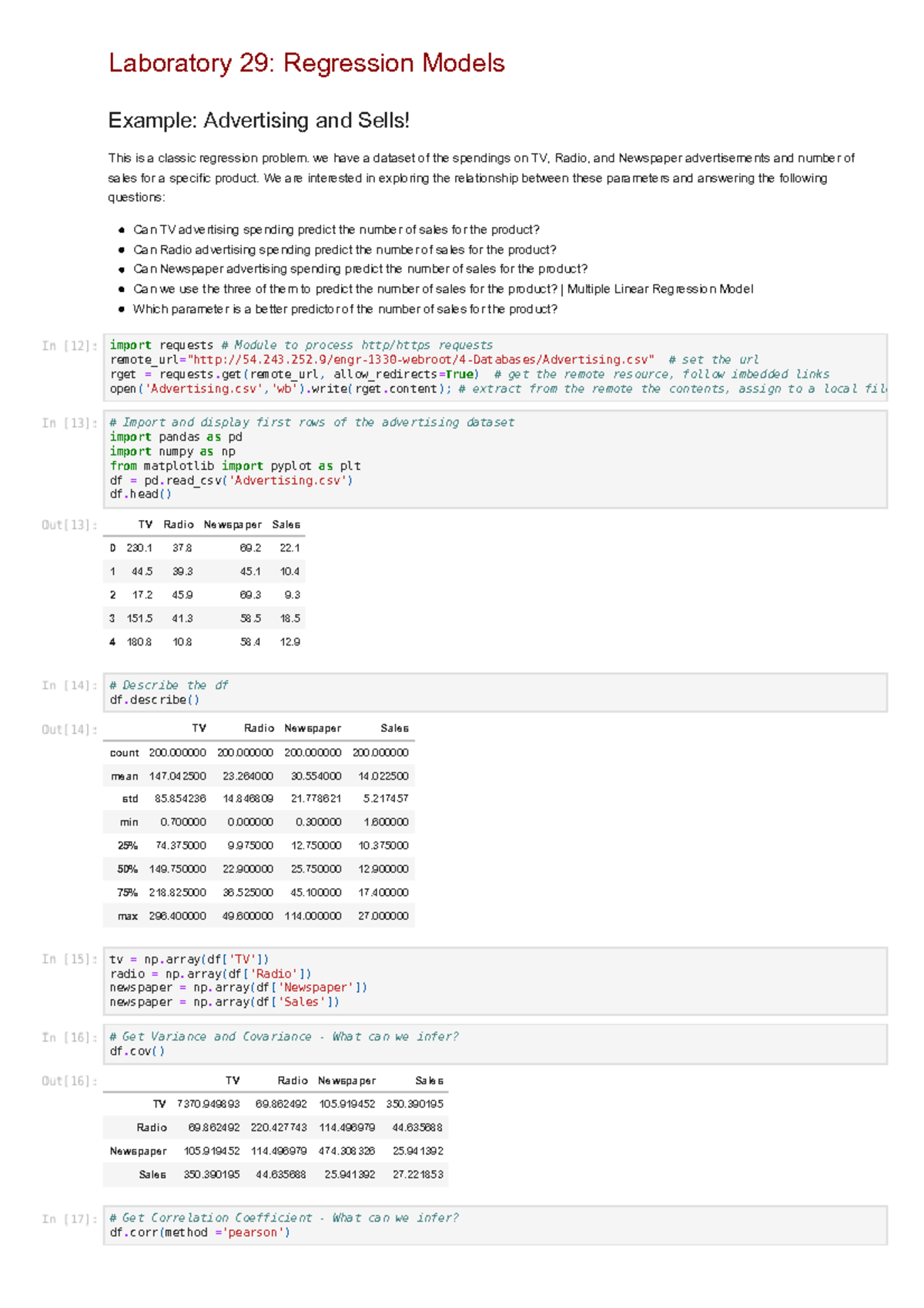 Lab29- Study - Laboratory 29: Regression Models Example: Advertising ...