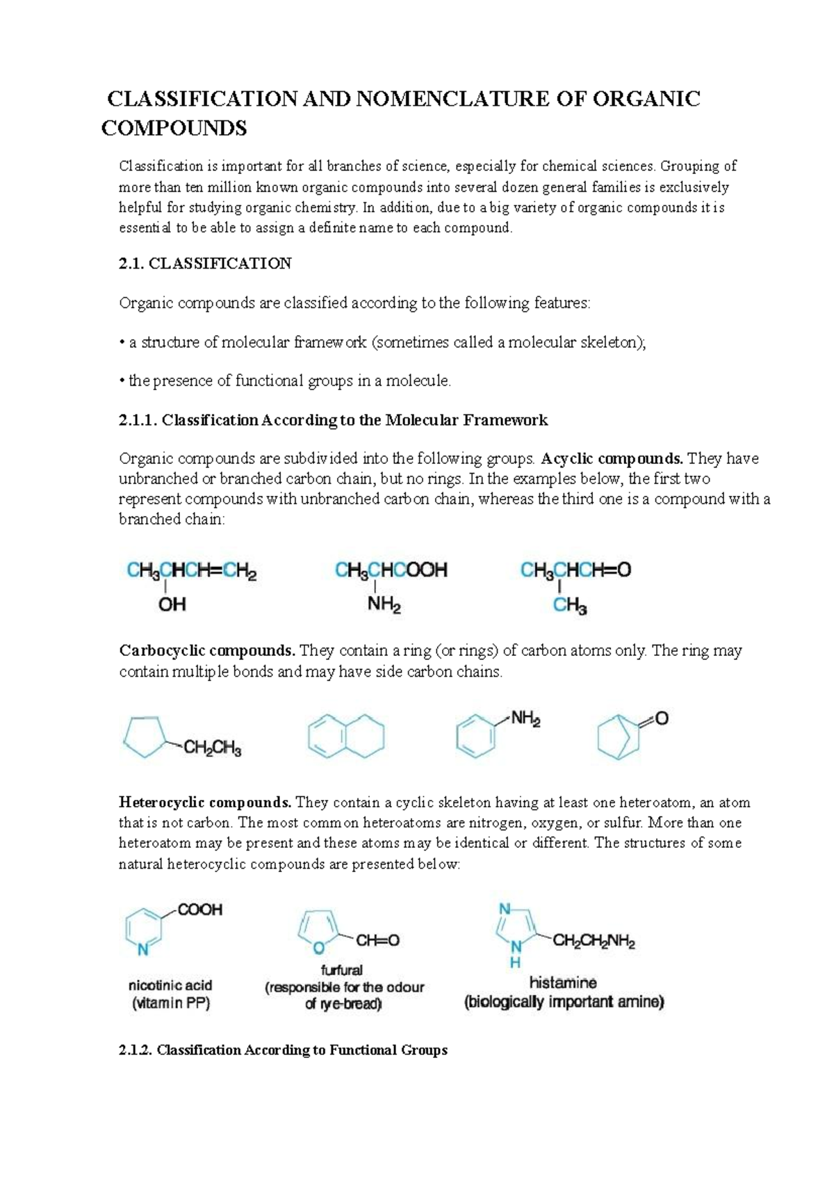 CLASSIFICATION AND NOMENCLATURE OF ORGANIC COMPOUNDS - CLASSIFICATION ...