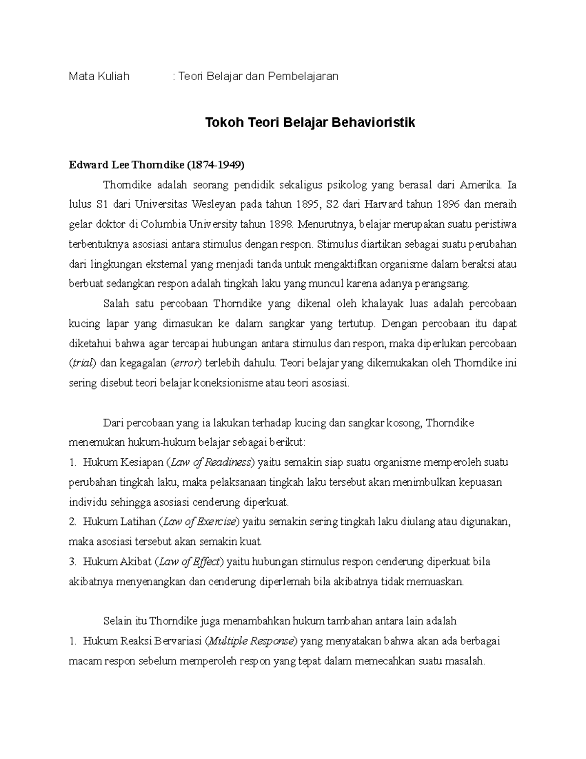 Tokoh Teori Belajar Behavioristik - Edward Lee Thorndike - Mata Kuliah ...