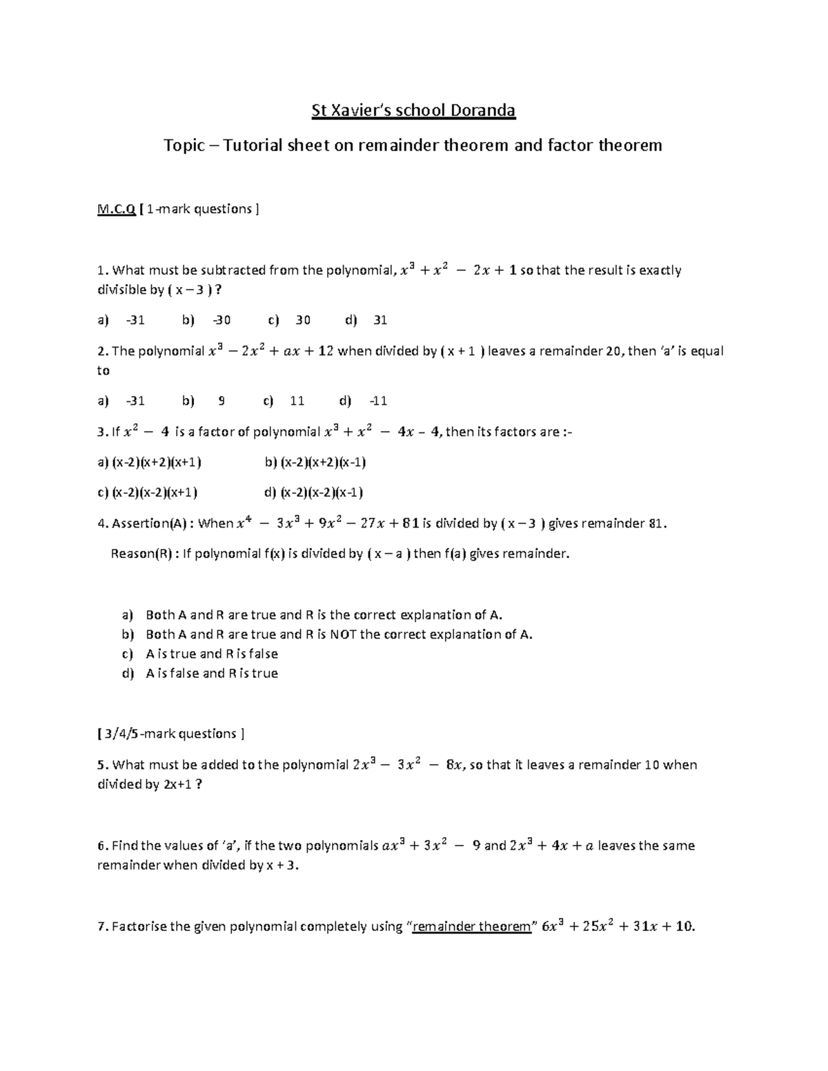 Tutorial sheet on Remainder and factor theorem - St Xavier’s school ...