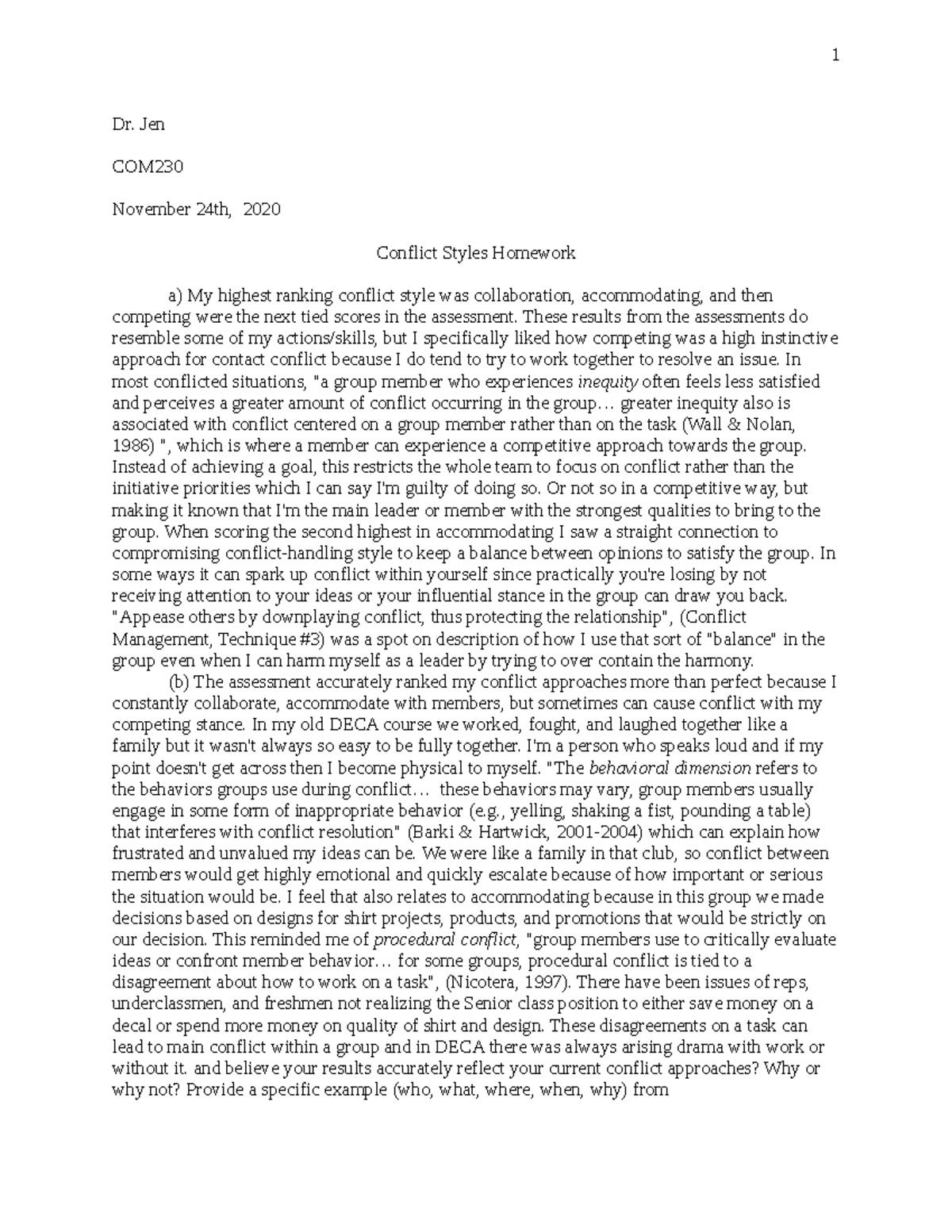 Conflict Styles HW-(Assignment 2) - 1 Dr. Jen COM November 24th, 2020 ...