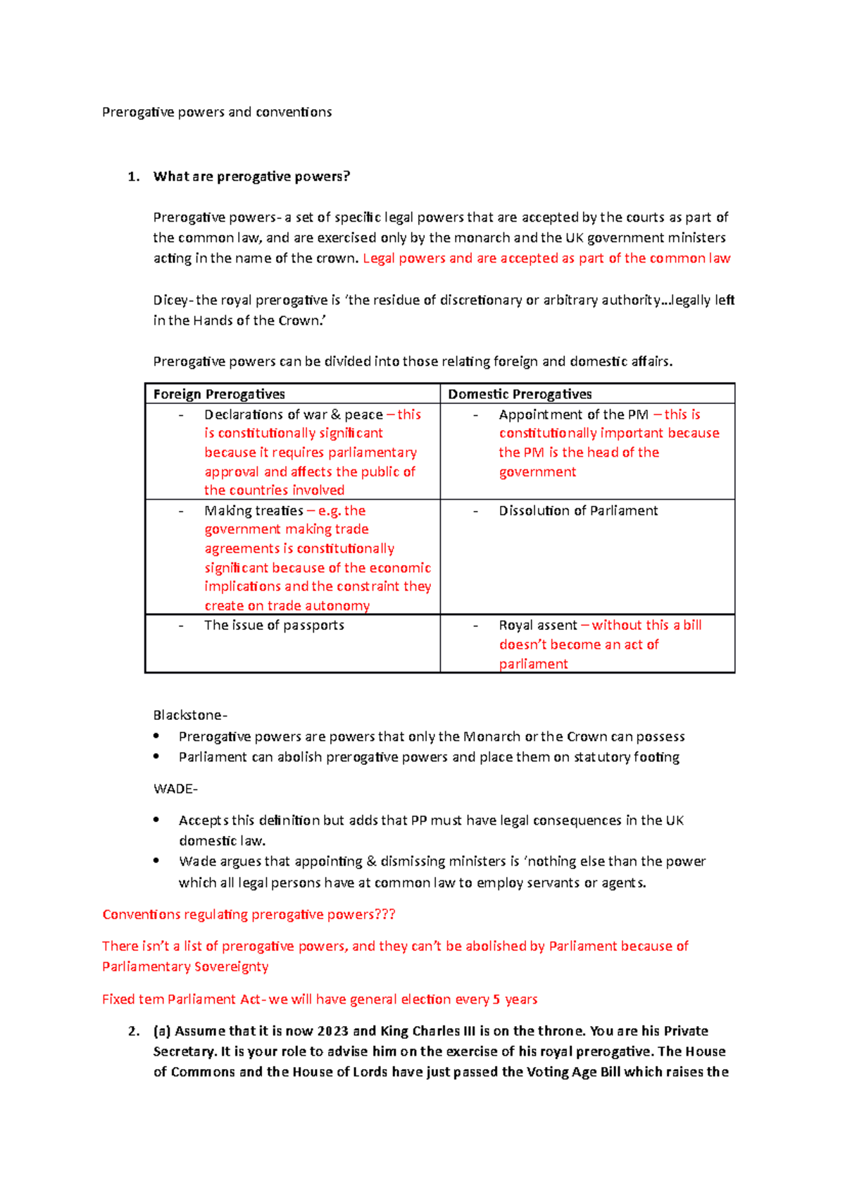Public Law Tutorial 5 - t5 work - Prerogative powers and conventions ...