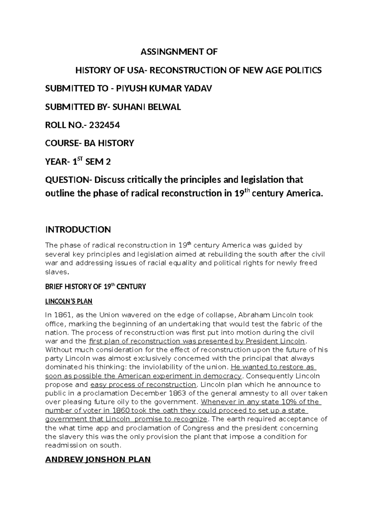 Radical Reconstruction - ASSINGNMENT OF HISTORY OF USA- RECONSTRUCTION ...