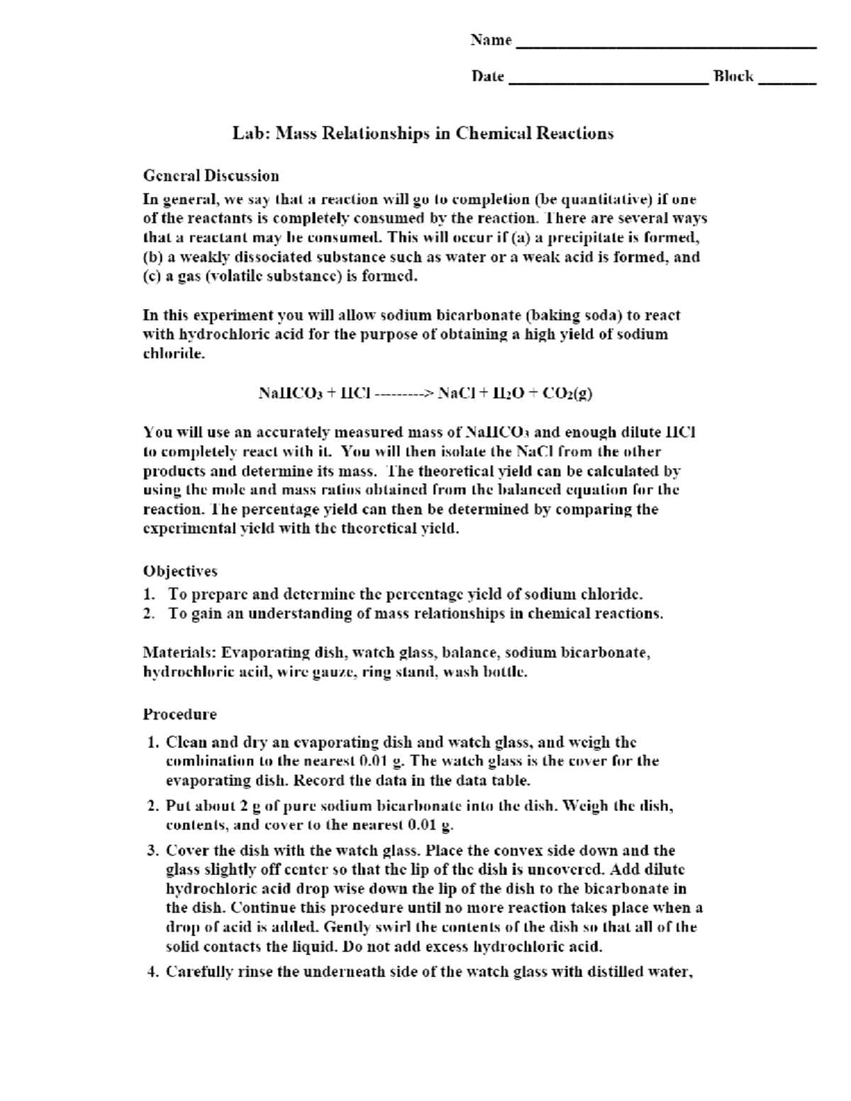 Lab Mass Relationships in Chemical Reactions - General Chemistry 1 ...