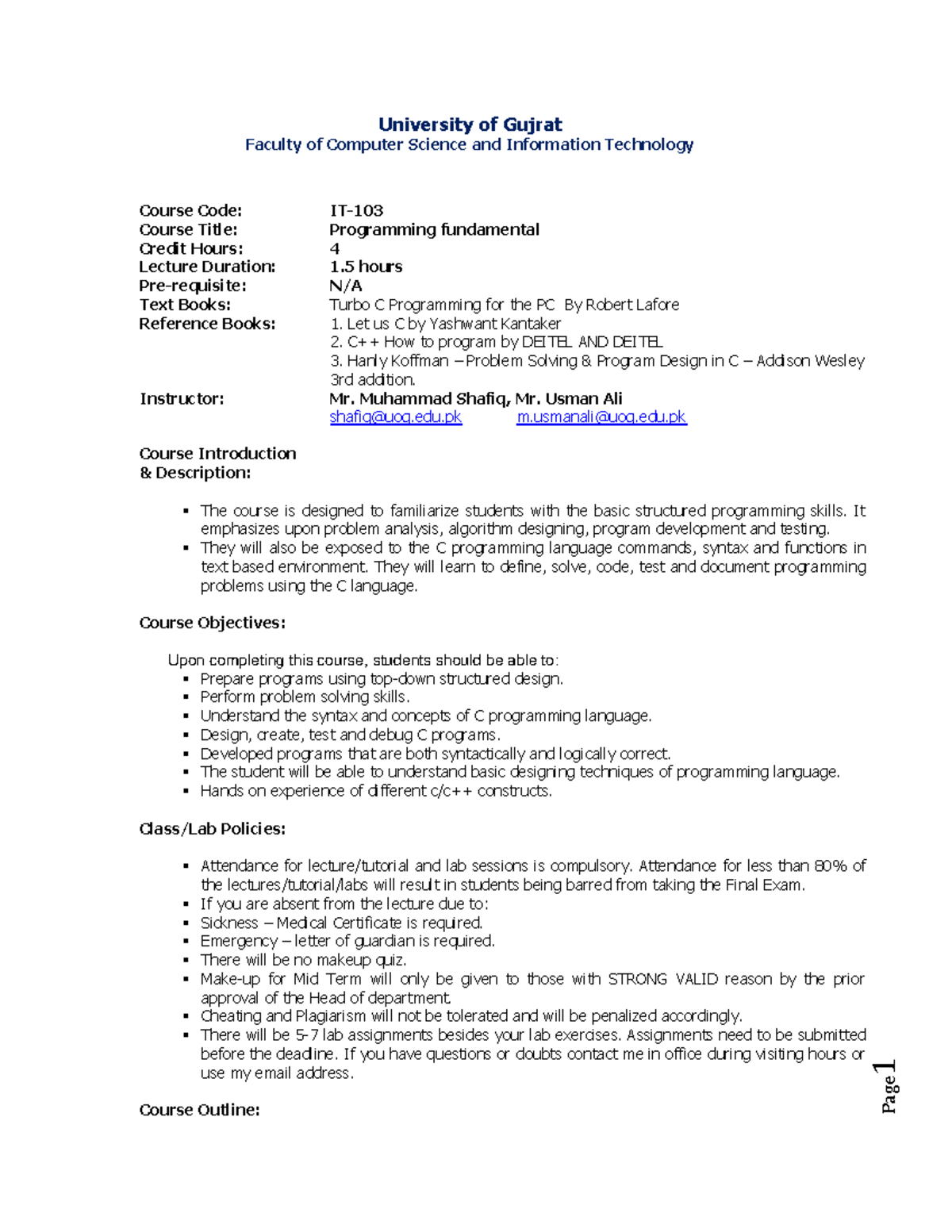 310787298 IT 103 Outline Programing Fundamentals - Page 1 University of ...