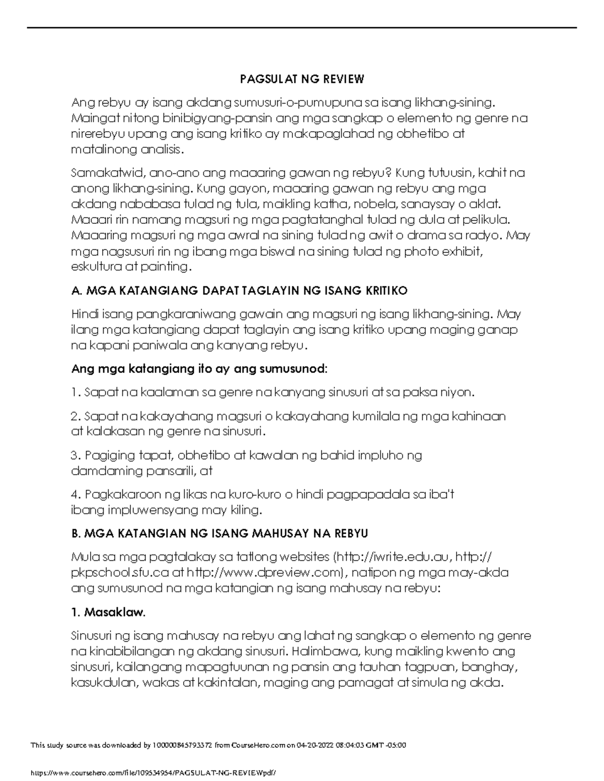 Pagsulat NG Review - ssss - PAGSULAT NG REVIEW Ang rebyu ay isang ...