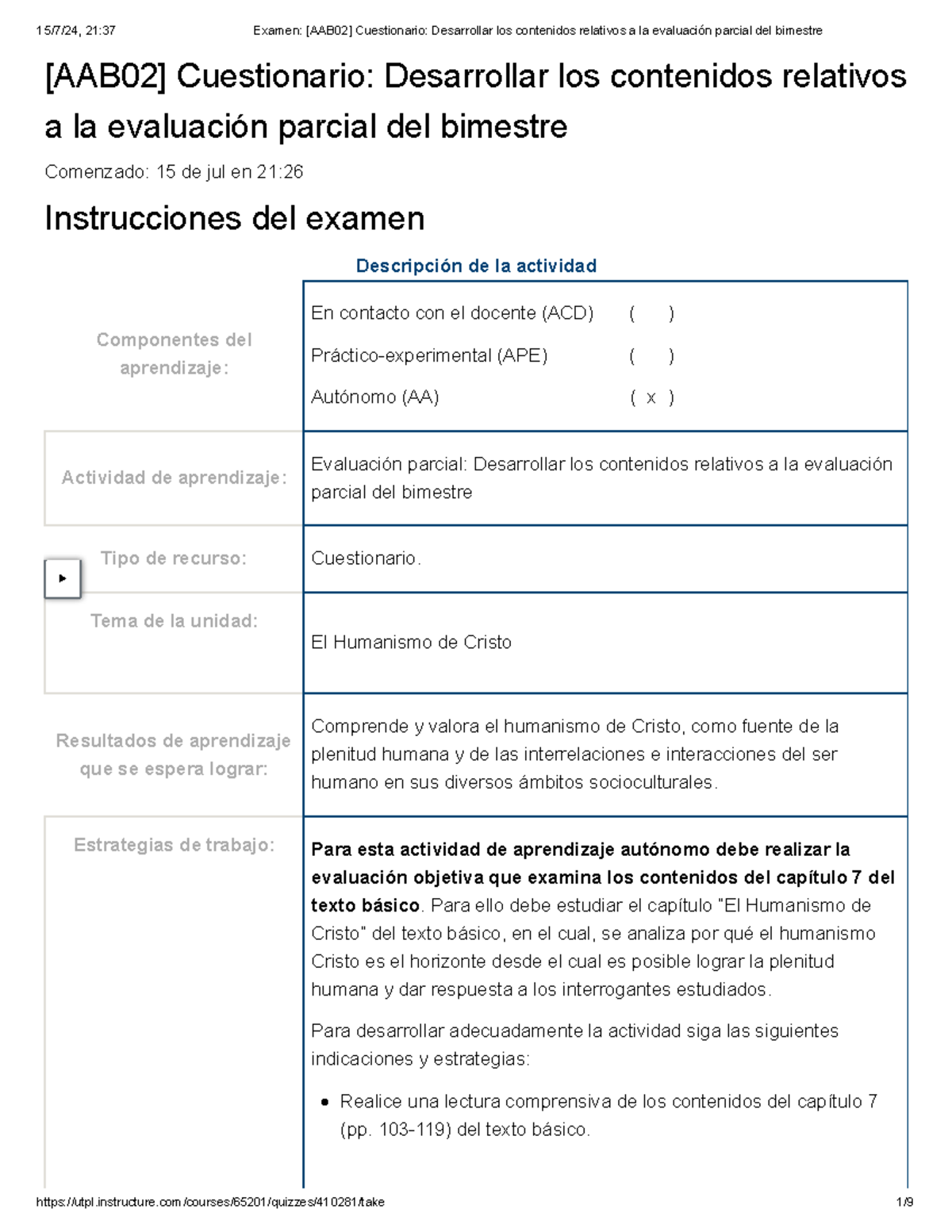 1 antropologia Examen [AAB02] Cuestionario Desarrollar los contenidos relativos a la evaluación ...