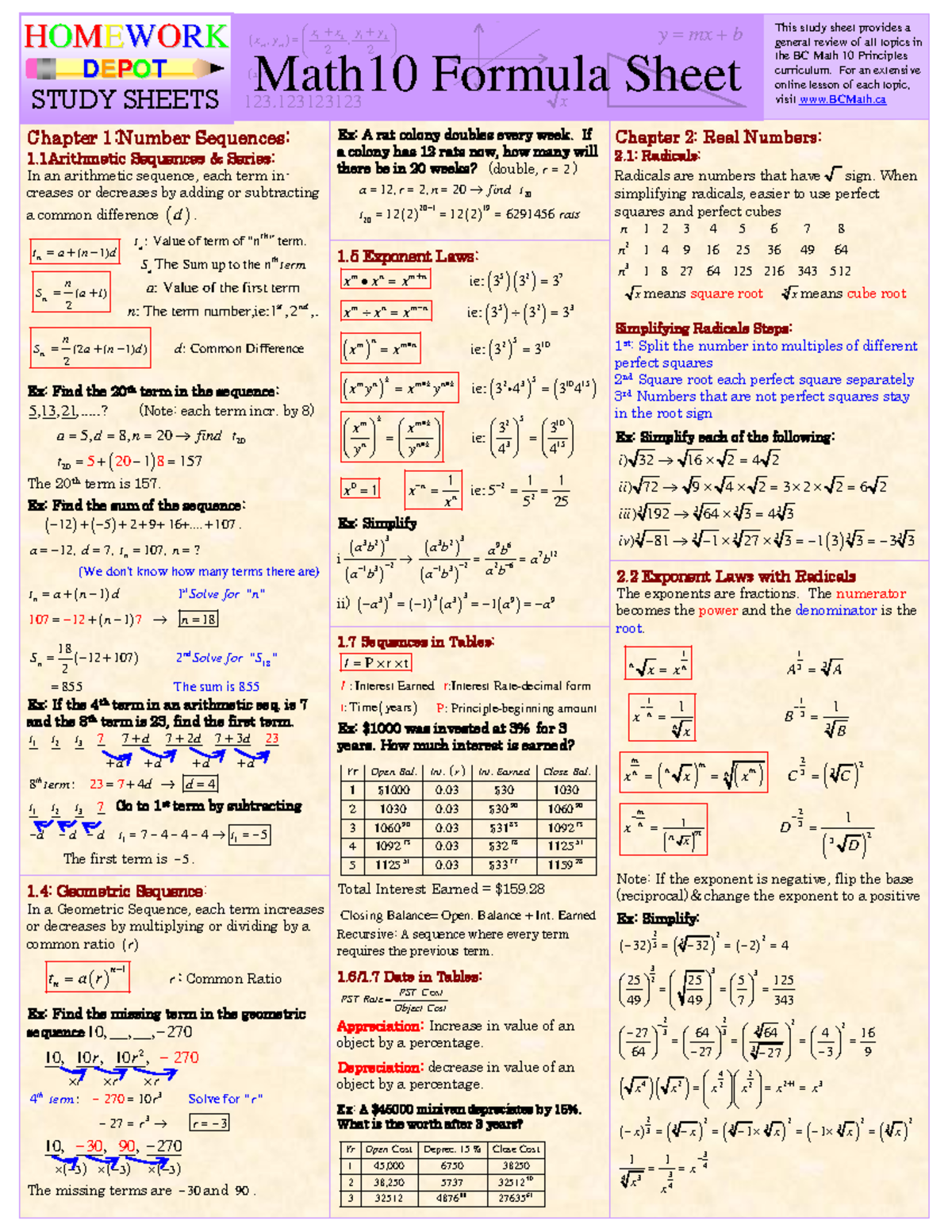 Math 10 Principles Study Sheet - ` Chapter 1:Number Sequences: 1 ...