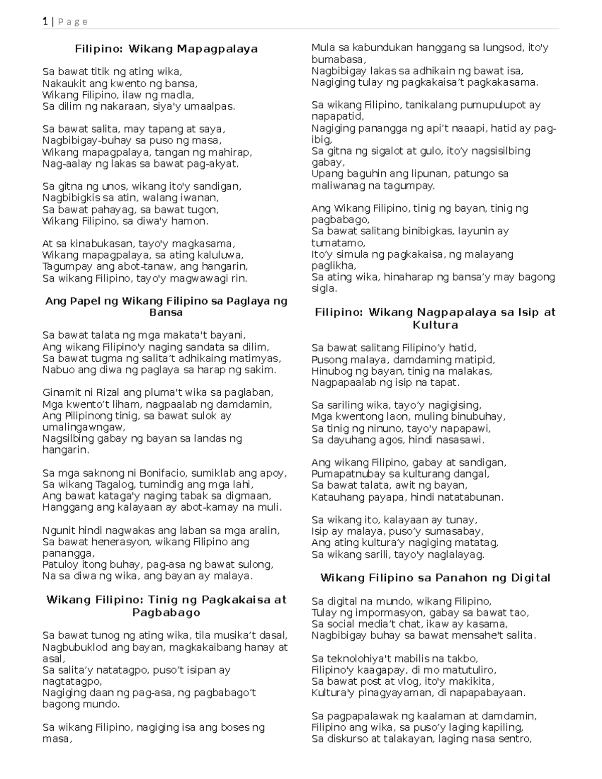 Filipino - aDFASF - 1 | P a g e Filipino: Wikang Mapagpalaya Sa bawat ...