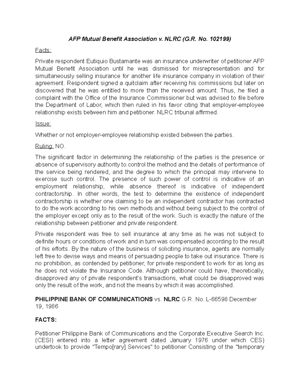 Cases after Singer vs Drillon - AFP Mutual Benefit Association v. NLRC ...