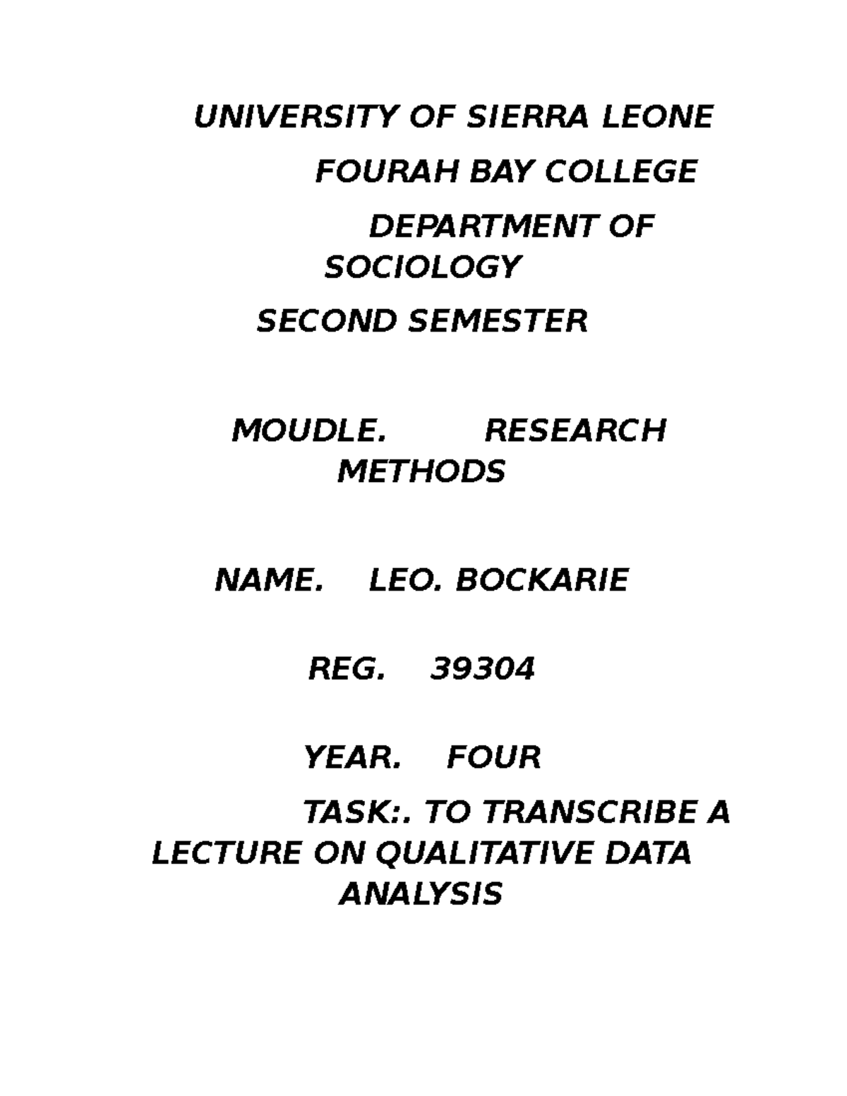 Cover page - UNIVERSITY OF SIERRA LEONE FOURAH BAY COLLEGE DEPARTMENT ...