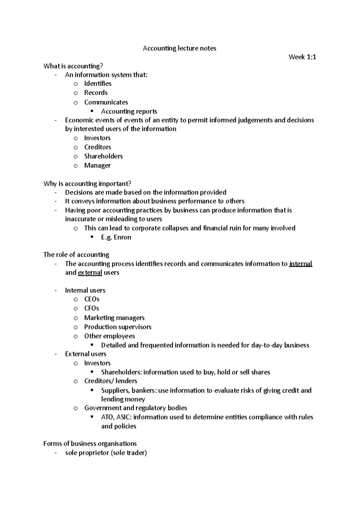Accounting week 1 lecture notes - Accounting lecture notes Week 1:1 ...