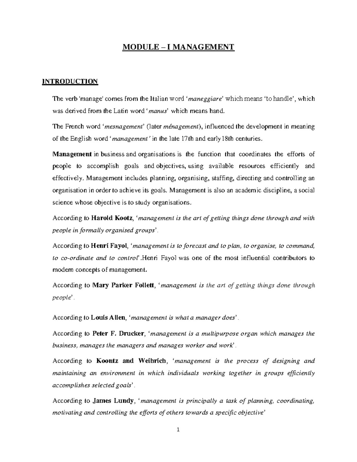 Module I - Management - MODULE – I MANAGEMENT INTRODUCTION The verb ...