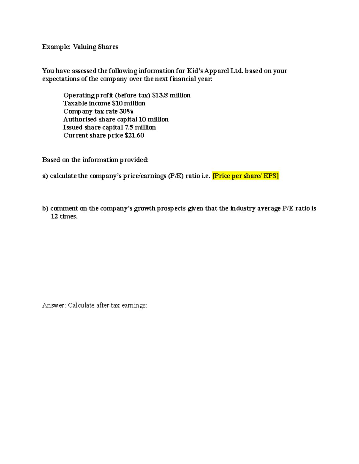 Week 5 Lecture Example Value of Share - Example: Valuing Shares You ...