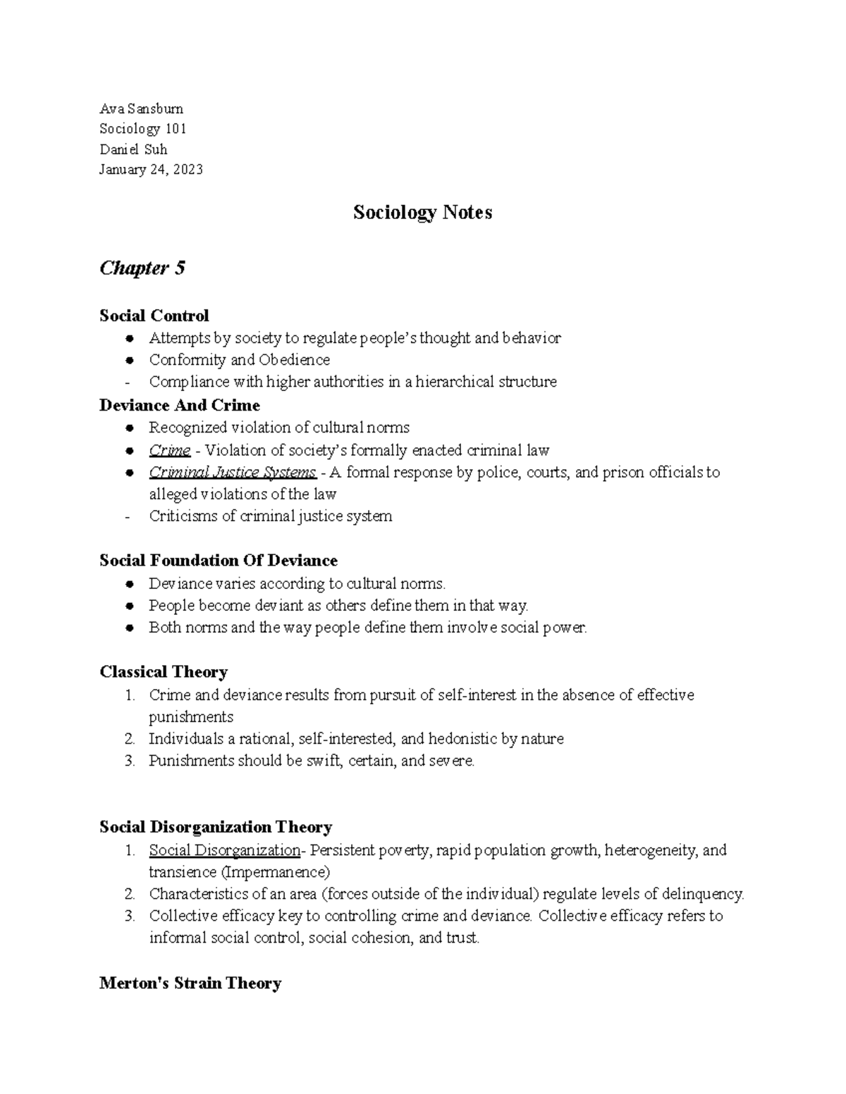 Sociology Notes - January 24, 2023 CHP. 5 - Ava Sansburn Sociology 101 ...