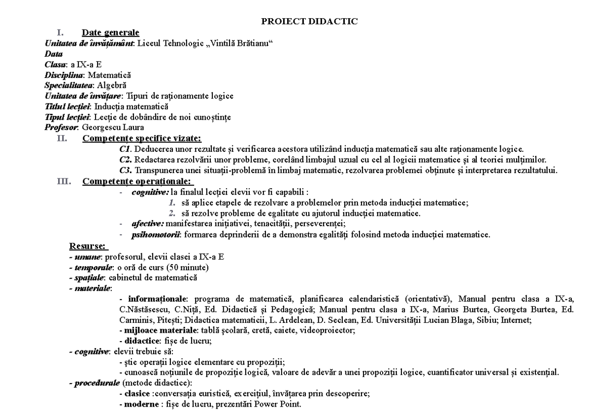 Proiect didactic clasa aixa inductia matematica - PROIECT DIDACTIC I ...