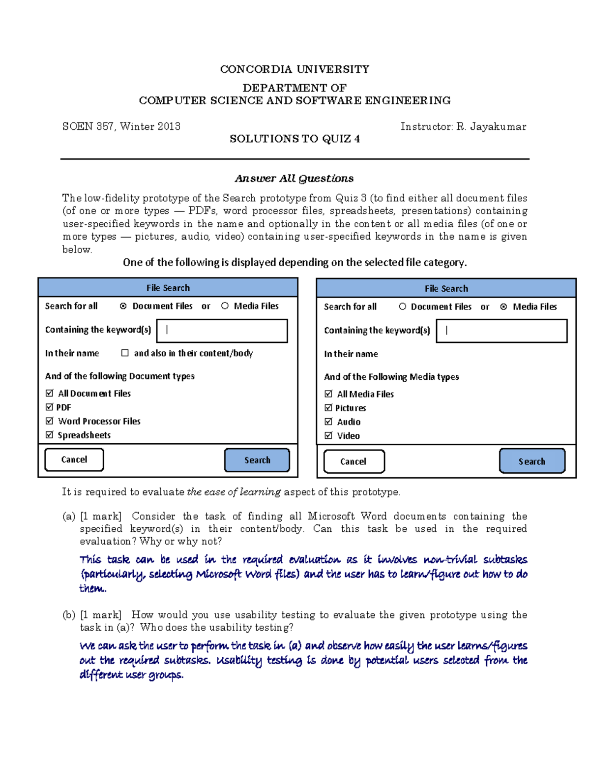 2013 Winter Quiz4 Solutions - CONCORDIA UNIVERSITY DEPARTMENT OF COMPUTER SCIENCE AND SOFTWARE ...
