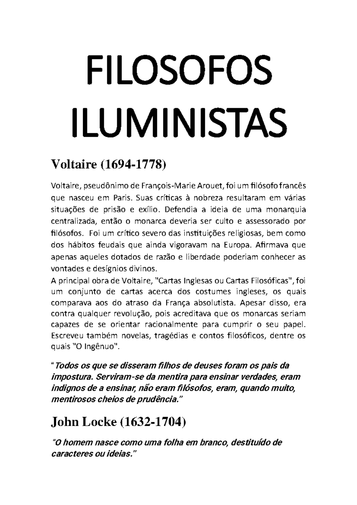 Filosofos Iluministas - FILOSOFOS ILUMINISTAS Voltaire (1694-1778 ...