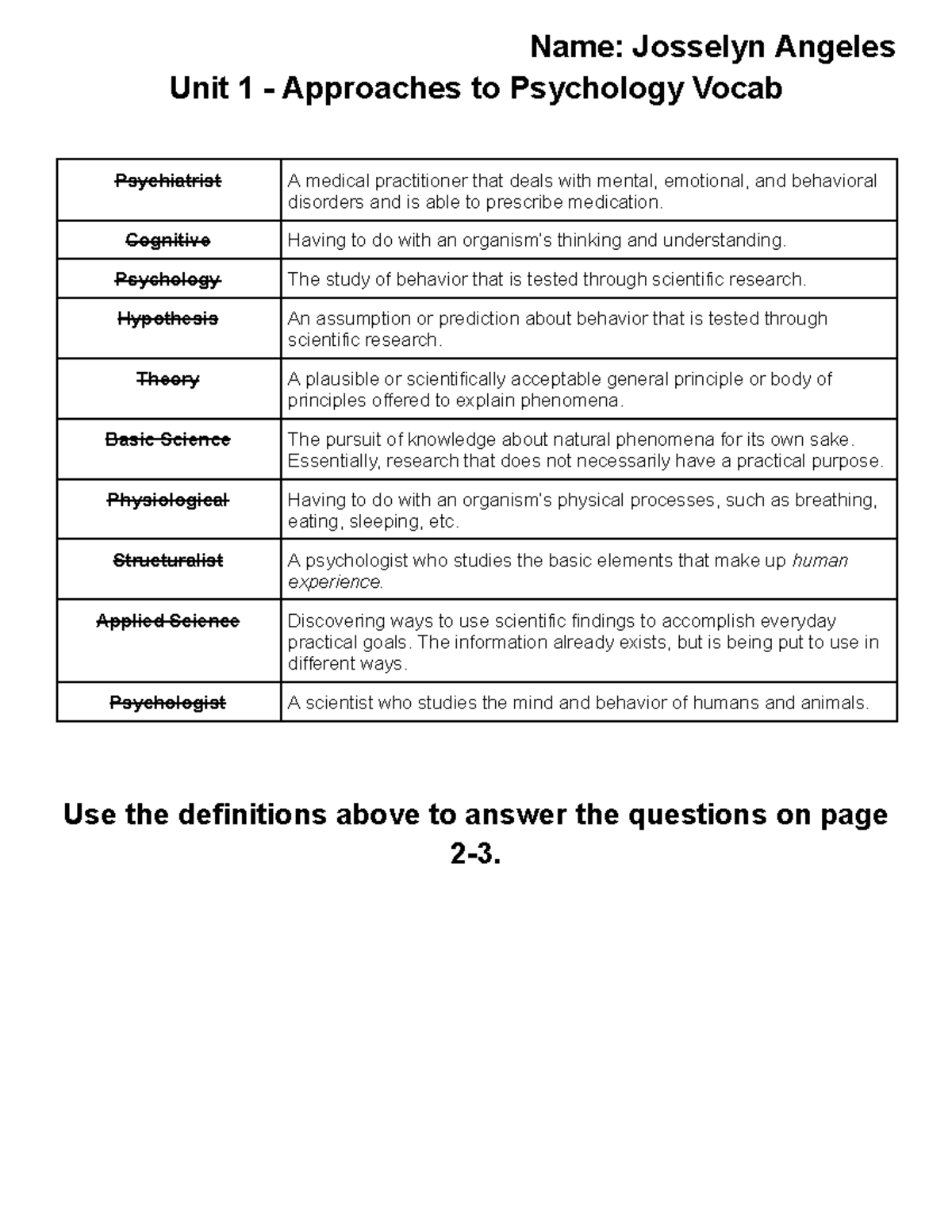 Unit 1 - Approaches to Psychology Vocab - Name: Josselyn Angeles Unit 1 ...