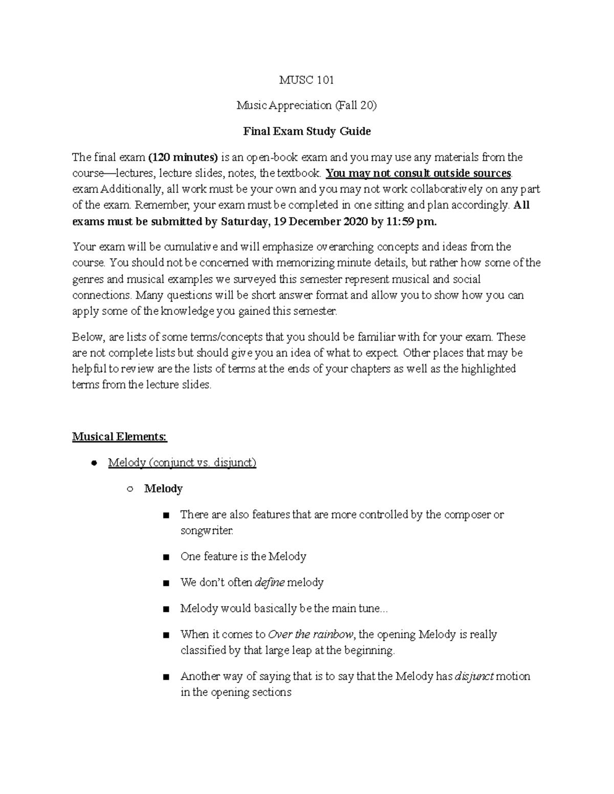 MUSC101- Final Exam Study Guide - MUSC 101 Music Appreciation (Fall 20 ...