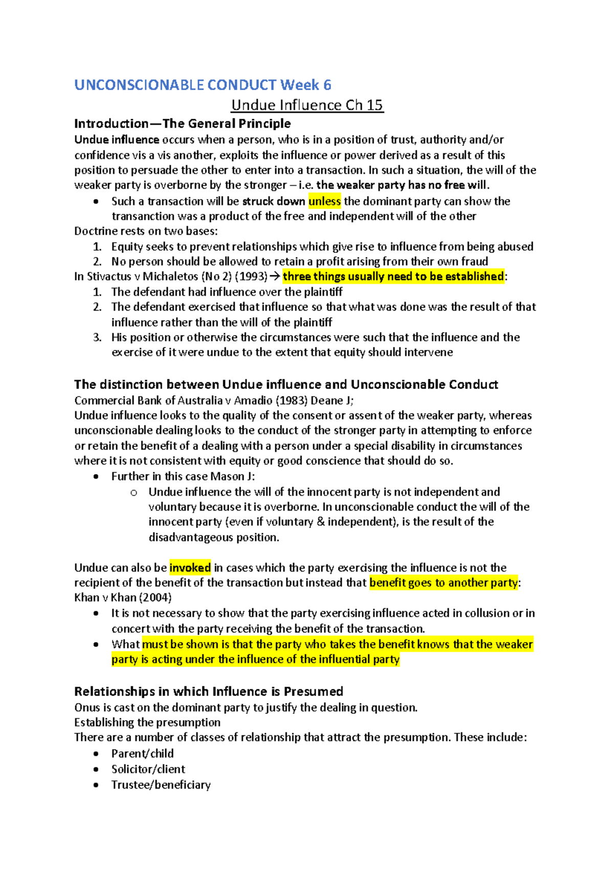 Unconsionable - Notes - UNCONSCIONABLE CONDUCT Week 6 Undue Influence ...