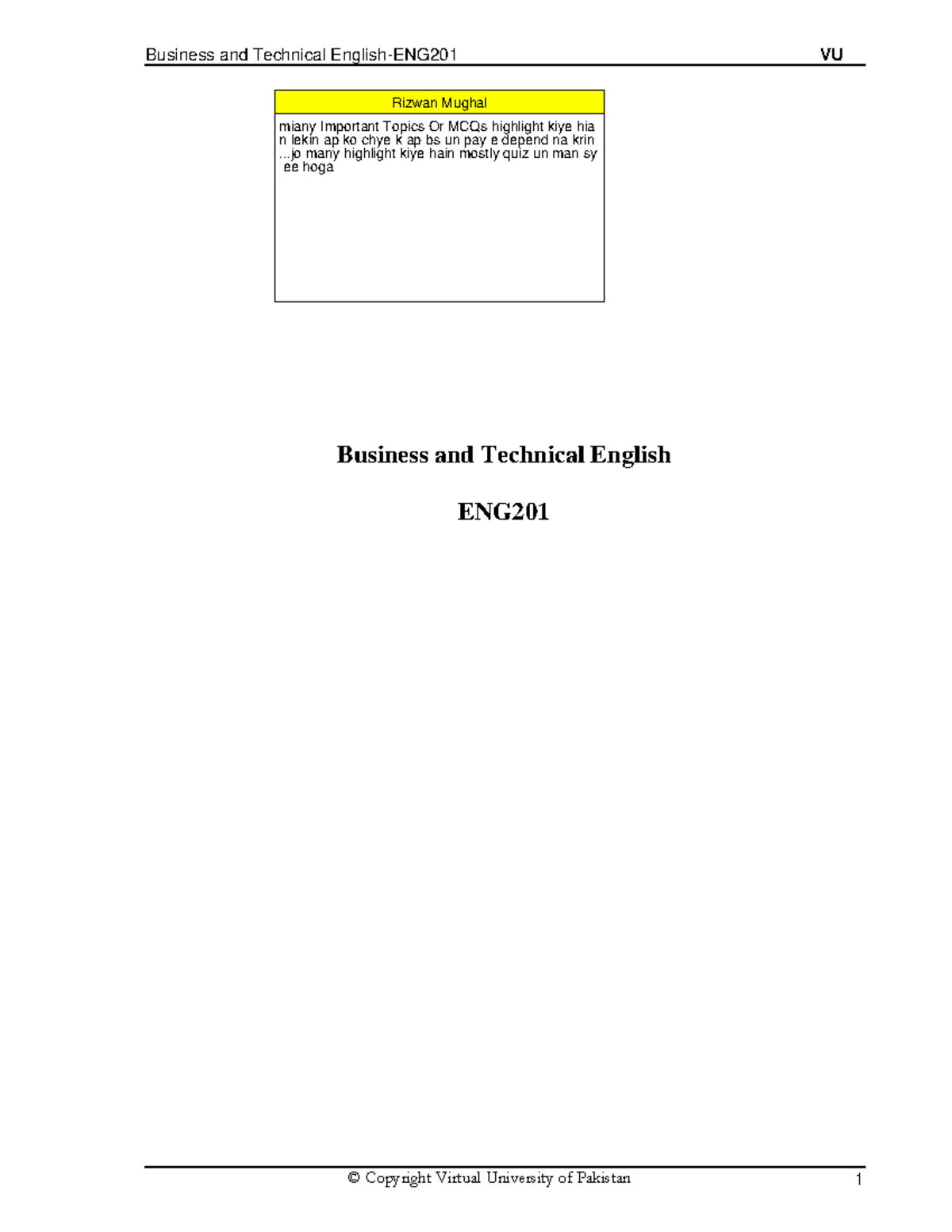 ENG201 Highlighted Handout By Vu Topper RM-1 - Business and Technical English ENG Table of ...
