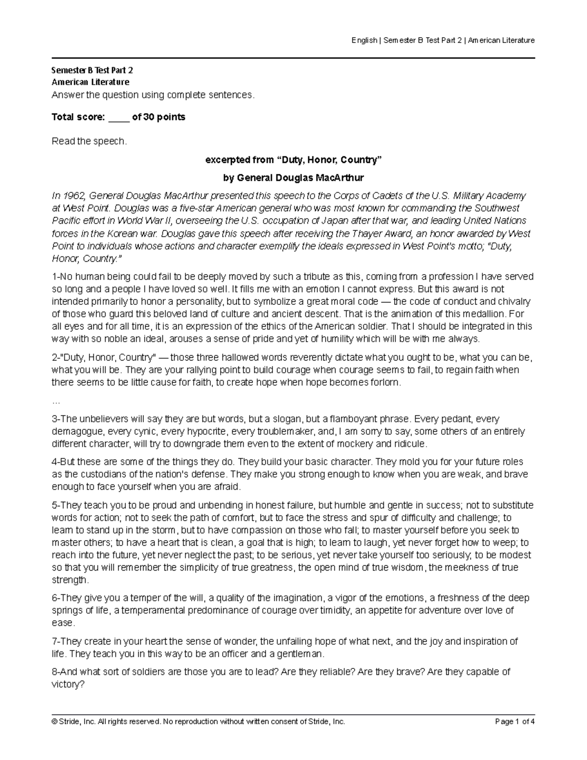 Duty, Honor, Country - hsdbd skj - Semester B Test Part 2 American ...