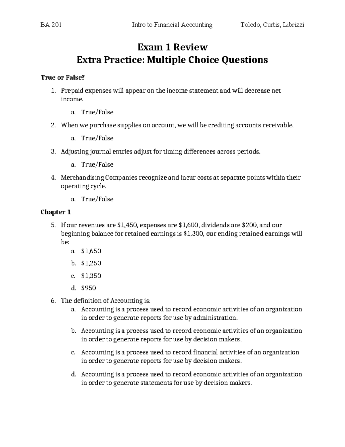 Exam 1 Multiple Choice Practice - Exam 1 Review Extra Practice ...