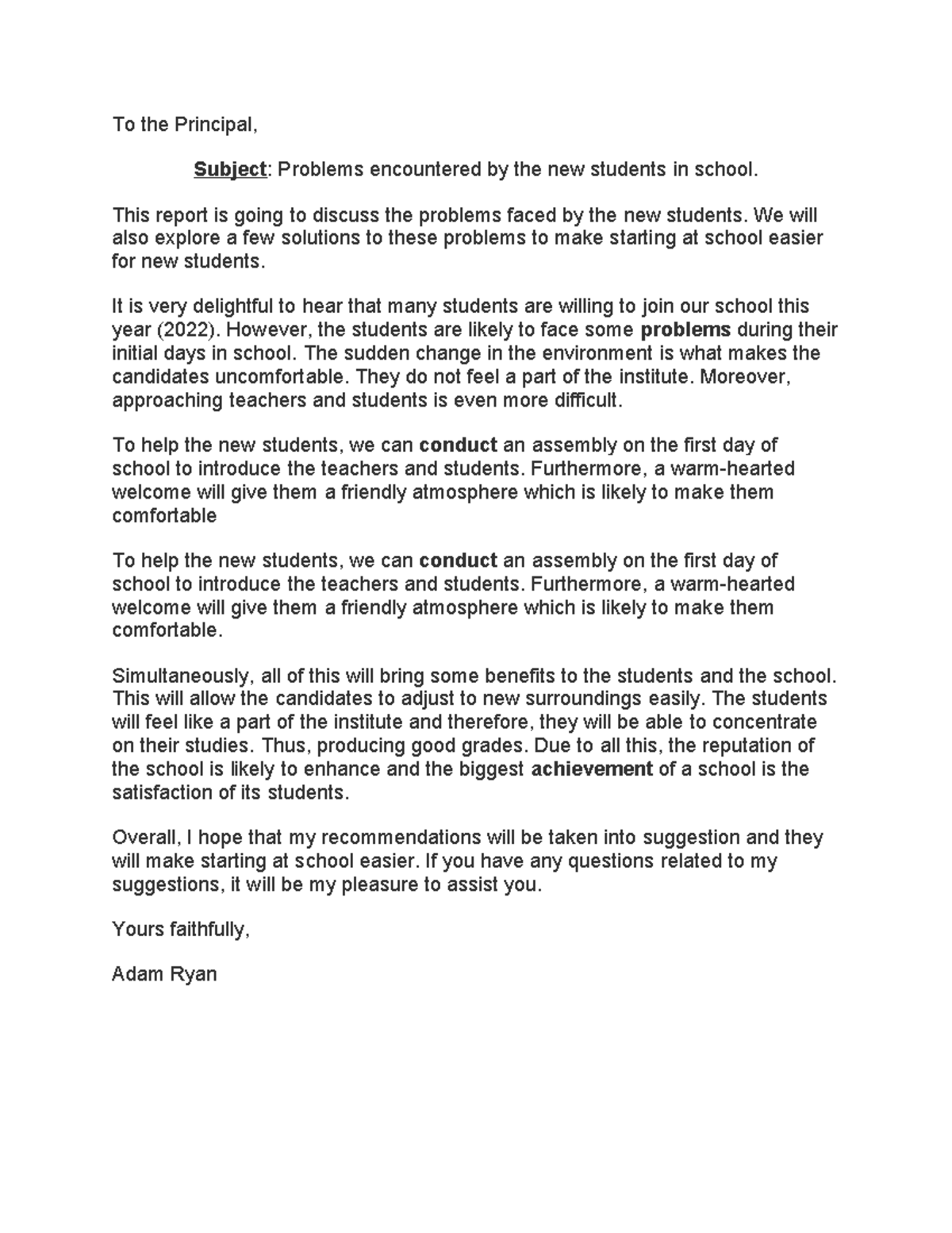To the Principal - To the Principal, Subject: Problems encountered by ...